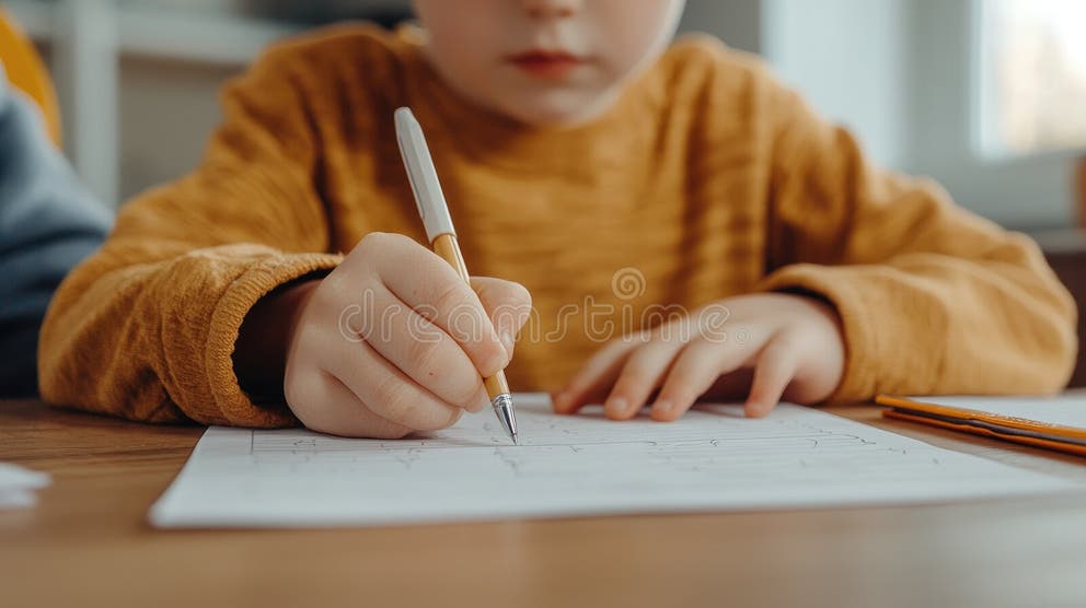 A Child Focused on Writing with a Pen, Showcasing the Joy and ...