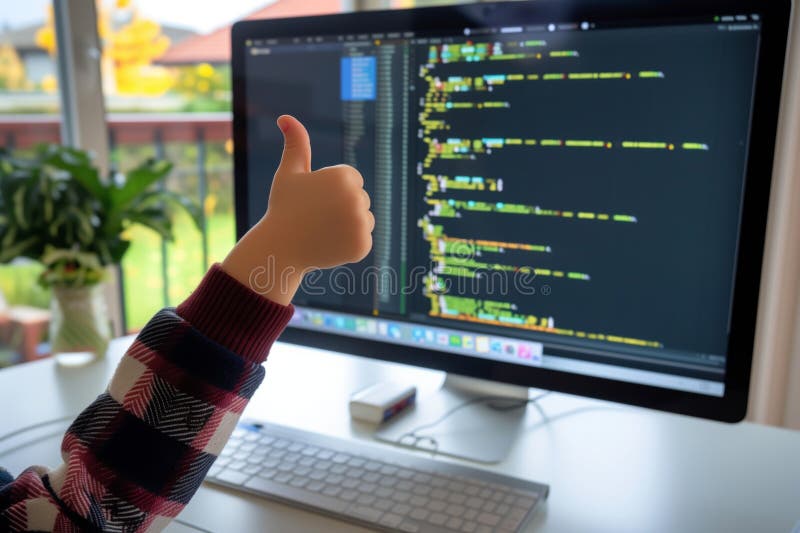 Child in Front of a Computer with Coding Project, Thumb Up Stock ...