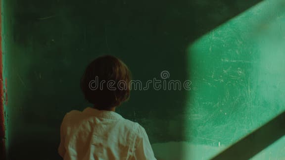 Child in Front of Green Chalkboard with Dramatic Light and Shadows ...