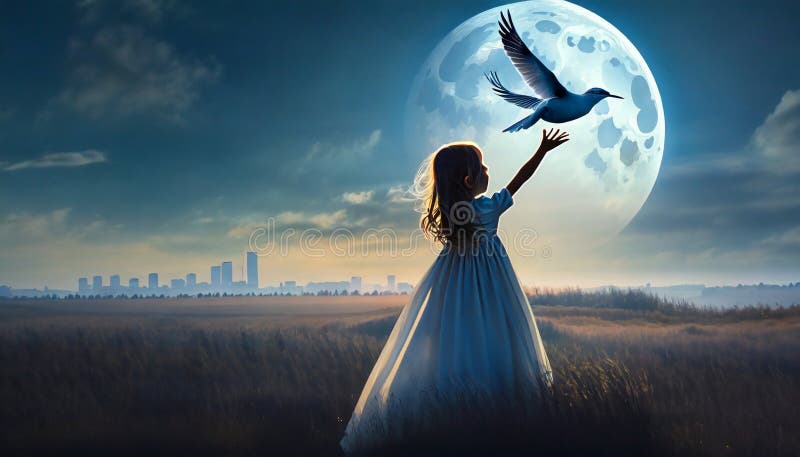 Child at Full Moon Chasing a Bird Stock Illustration - Illustration of ...