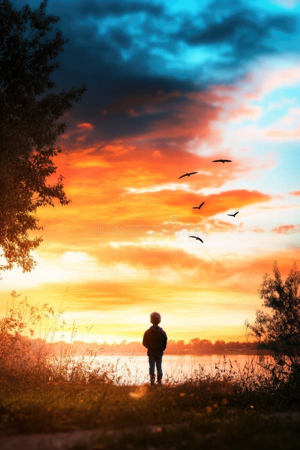 Child Gazing at Vibrant Sunset by River with Birds in Flight Stock ...