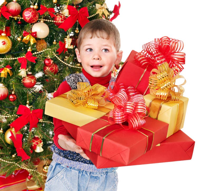 Child with Gift Box Near Christmas Tree. Stock Photo - Image of child ...