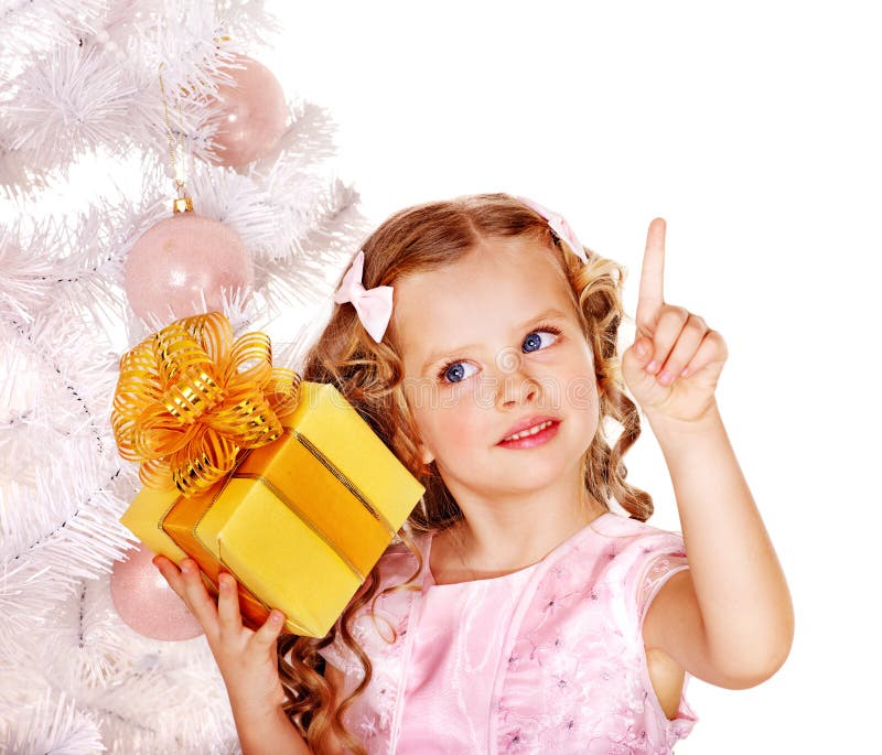 Child with Gift Box Near White Christmas Tree. Stock Image - Image of ...