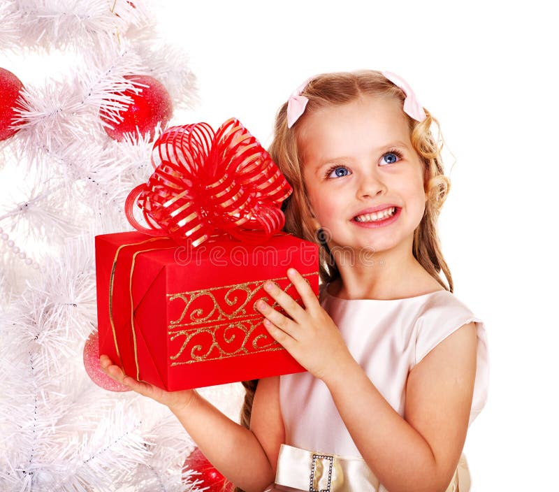 Child with Gift Box Near White Christmas Tree. Stock Image - Image of ...
