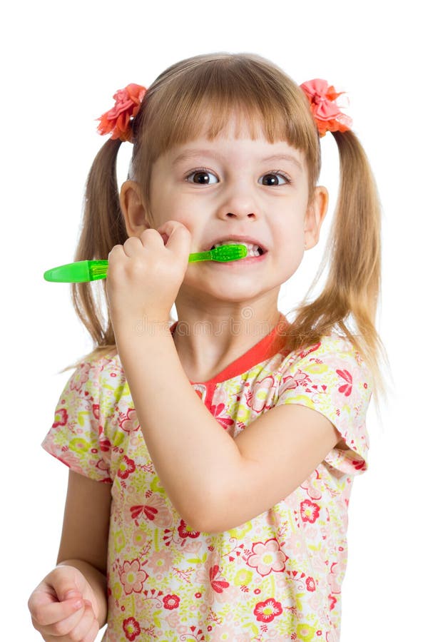 Child Girl Brushing Teeth Isolated Stock Photo - Image of procedure ...