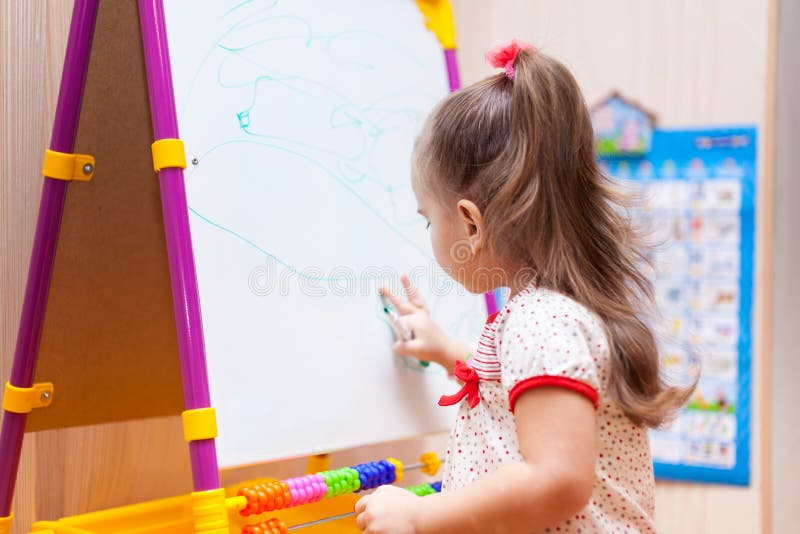Child Girl Drawing on White Board Stock Image - Image of education ...