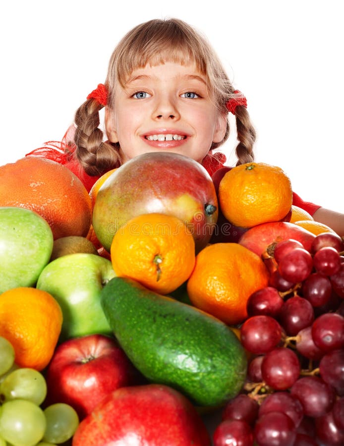 Child Girl with Group of Fruit. Stock Photo - Image of long, healthy ...
