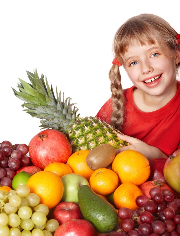 Child Girl with Group of Fruit. Stock Image - Image of citrus, crop ...