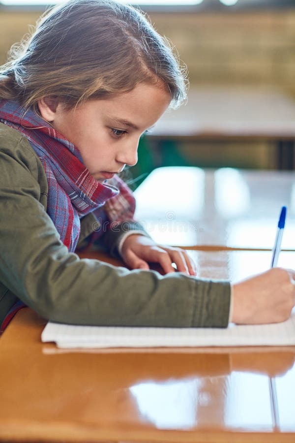 Child, Girl and Lesson with Writing, Notebook and Desk for Learning ...
