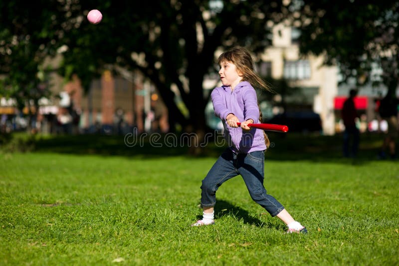 Child Girl Playing Baseball in Park Stock Image - Image of face ...