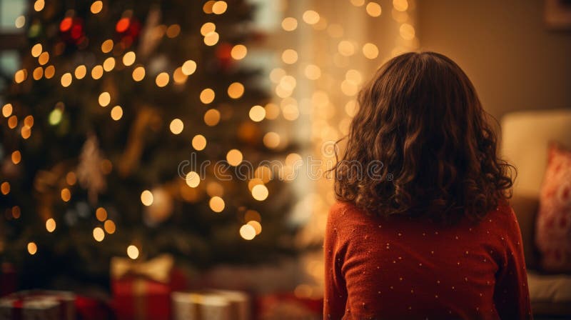 Child Girl Sitting Back in Front of Christmas Stock Illustration ...