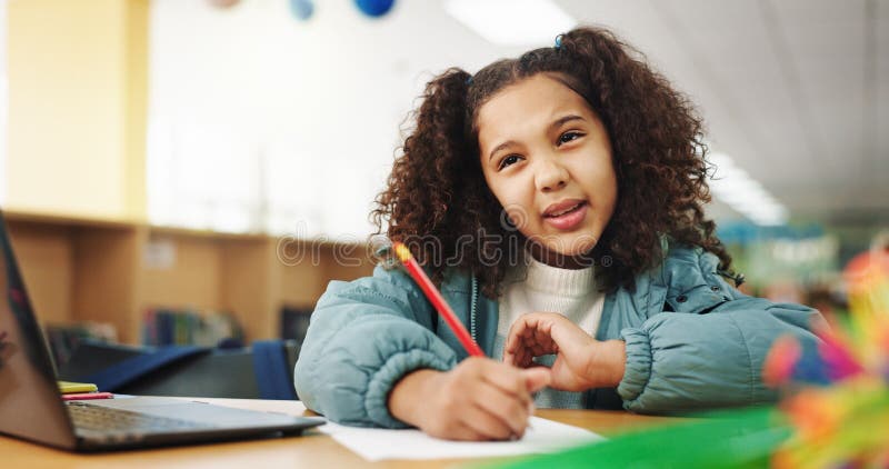 Child, Girl and Writing with Laptop for Thinking, E Learning or Online ...