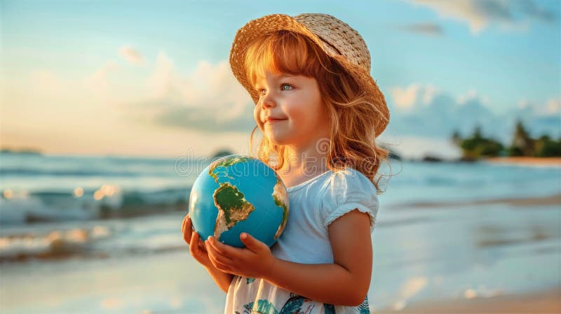 Child Holding a Globe on the Beach during Sunset, Symbolizing Global ...