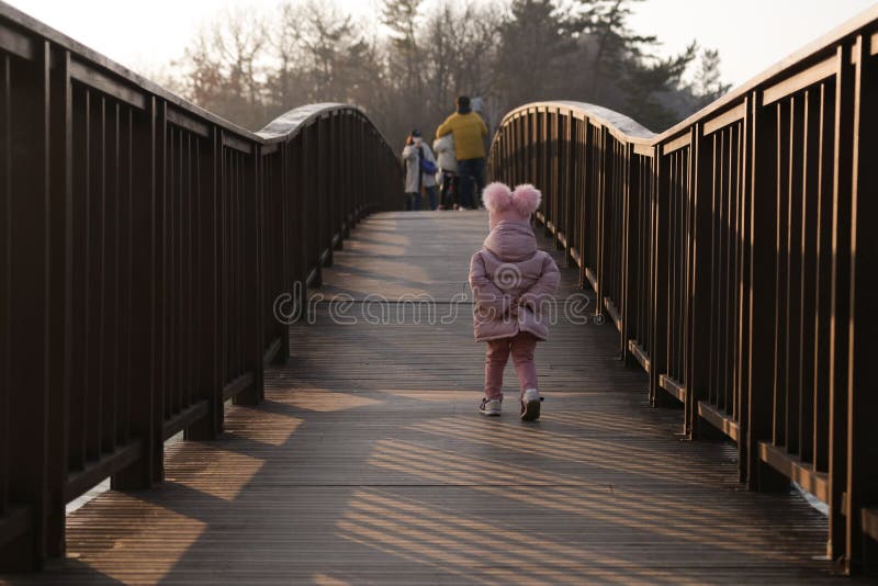 A Child Goes Over the Bridge. Stock Image - Image of beauty, child ...