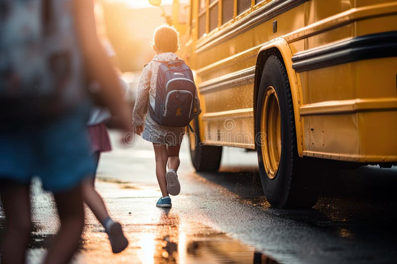 The Child Goes To the School Bus after School. Generative AI Stock ...
