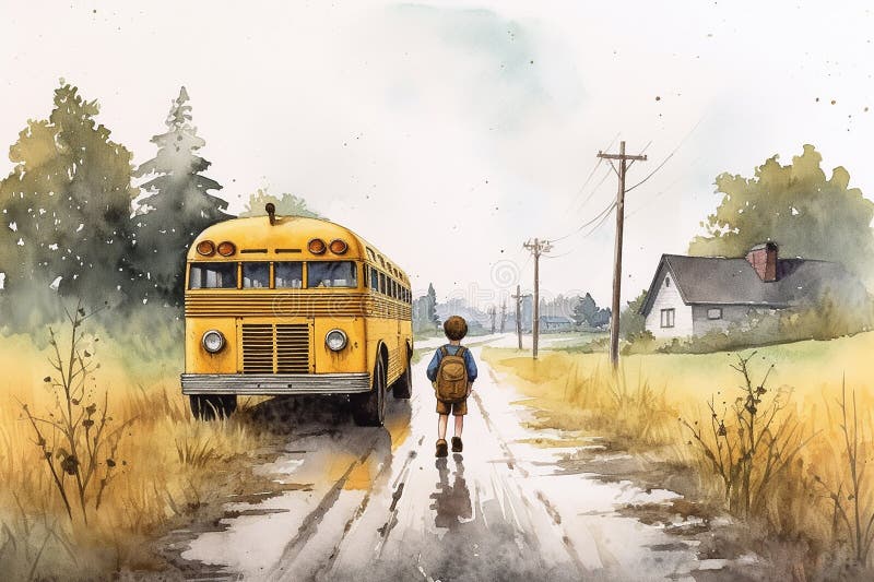 Child Going Back To Schoolbus. Watercolor Illustration Stock ...