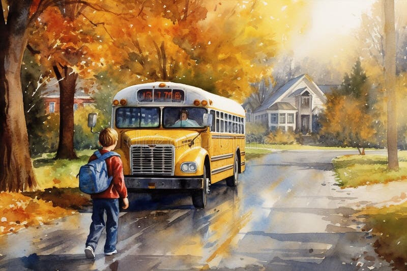 Child Going Back To Schoolbus. Watercolor Illustration Stock Image ...