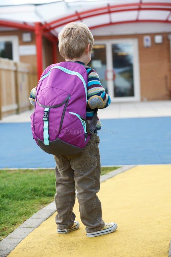 Child Going To School Wearing Backpack Stock Image - Image of boys ...