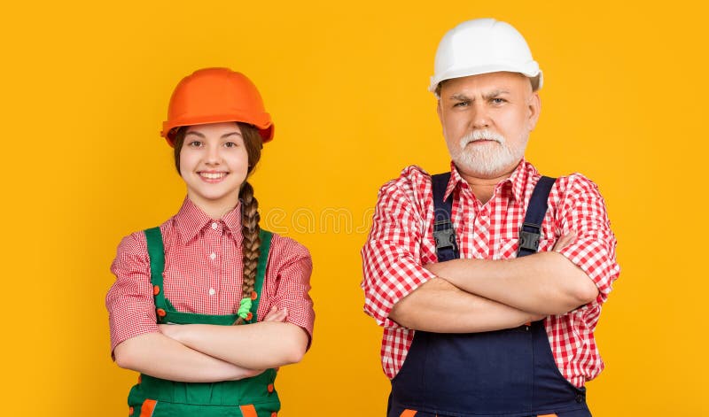 Child Granddad Builder Helmet Yellow Background Crossed Hands Stock Photos - Free & Royalty-Free ...