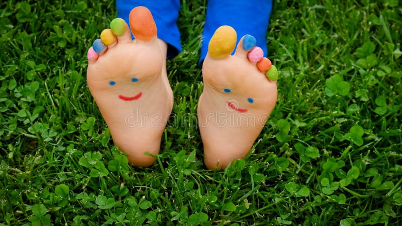 Paint Fun Feet Kids with Smiley Drawing Toes. Barefoot Child Playing ...