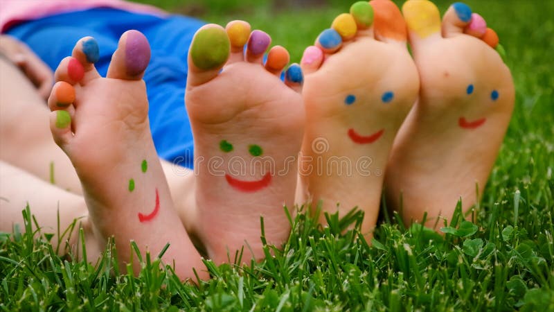 Paint Fun Feet Kids with Smiley Drawing Toes. Barefoot Child Playing ...