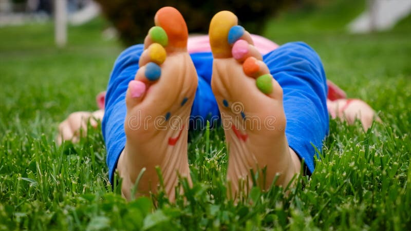Paint Fun Feet Kids with Smiley Drawing Toes. Barefoot Child Playing ...