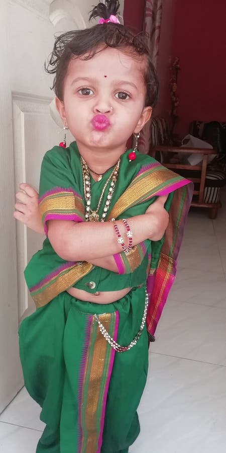 Child in a Green Saari. Indian Traditional Saari Stock Image - Image of ...