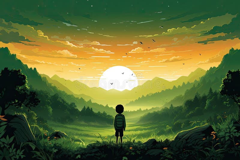 Child in Green Wild Landscape AI Generated Stock Illustration ...