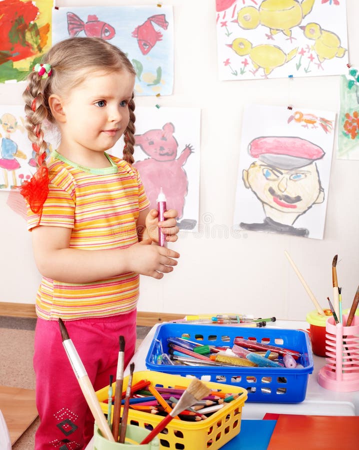 Child with Group of Colour Pencil in Play Room. Stock Image - Image of ...