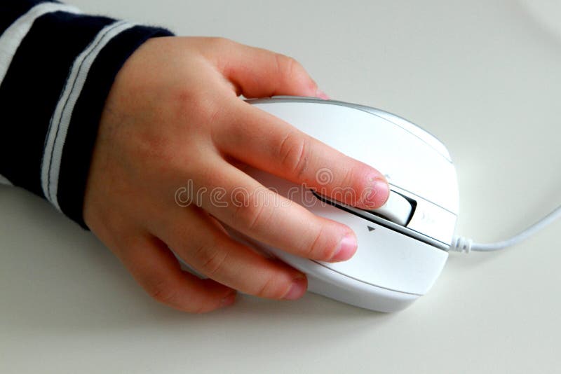 Child Hand with Computer Mouse on White Table Stock Photo - Image of ...