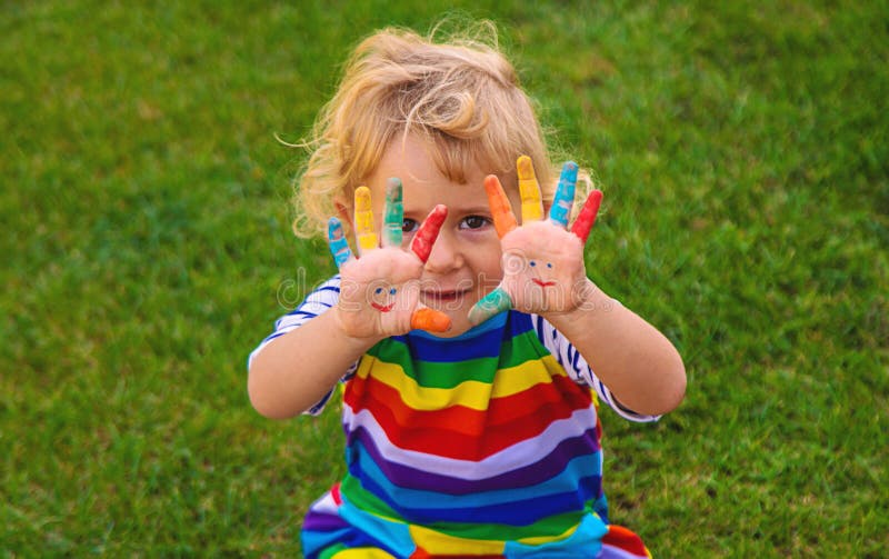 Child in Hand Draw Smile. Selective Focus Stock Image - Image of little ...