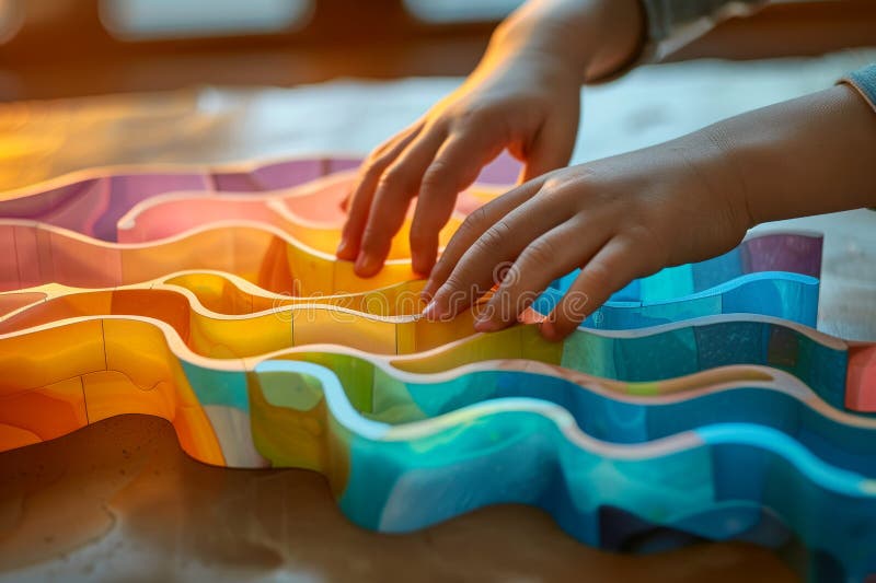 Child Hand Exploring Colorful Wave Puzzle. Stock Illustration ...