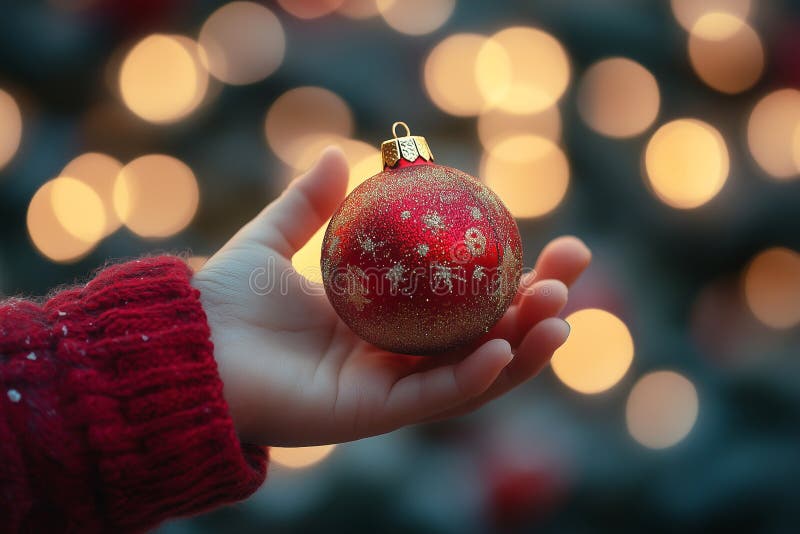 Child Hand Holding a Christmas Ornament. Christmas Scene Stock ...