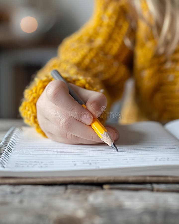 Child Hand Holding Pencil, Writing in Notebook, Wearing Cozy Sweater ...