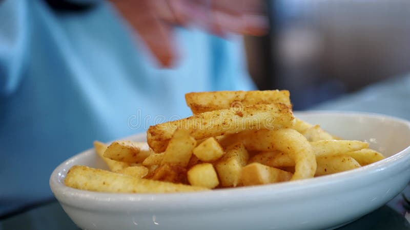 Child Hand Pick French Fries on Table Stock Footage - Video of table ...