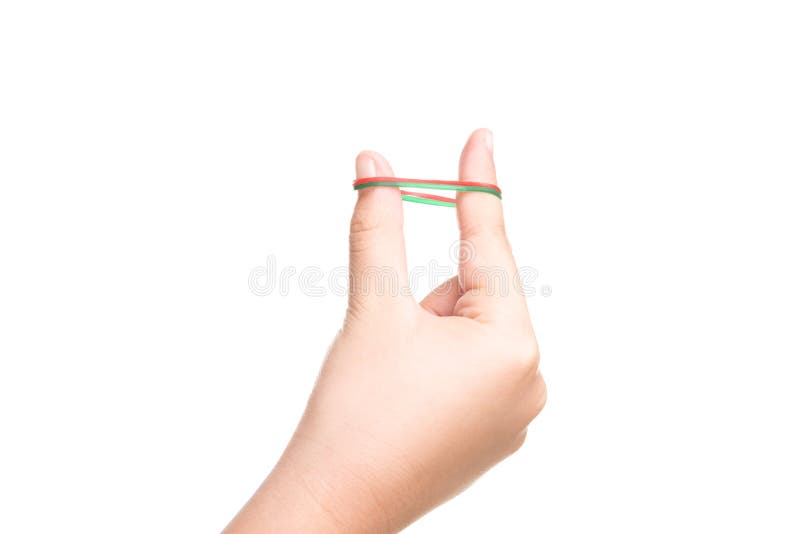 Child Hand Playing with Elastic Rubber Band Isolated on White Stock ...