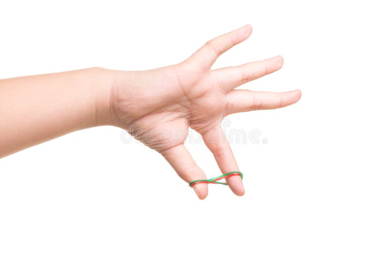 Child Hand Playing with Elastic Rubber Band Isolated on White Stock ...