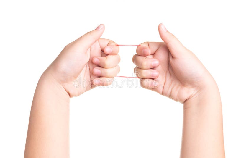 Child Hand Playing with Elastic Rubber Band Isolated on White Stock ...