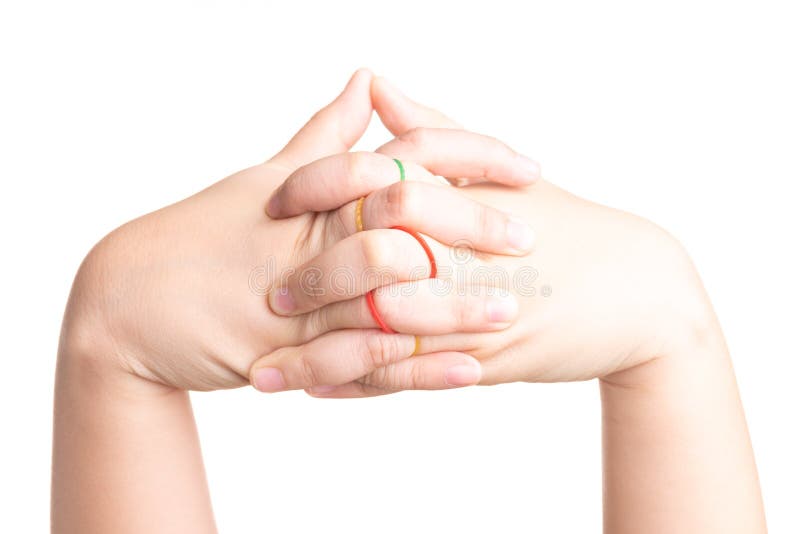 Child Hand Playing with Elastic Rubber Band Isolated on White Stock ...