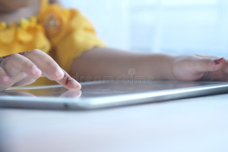 Child Hand Pointing Finger on Digital Tablet Screen. Stock Photo ...
