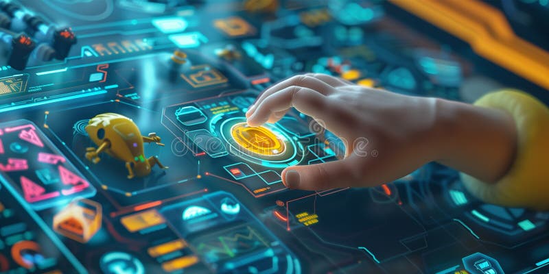 Child Hand Pressing on Yellow Round Button Stock Illustration ...