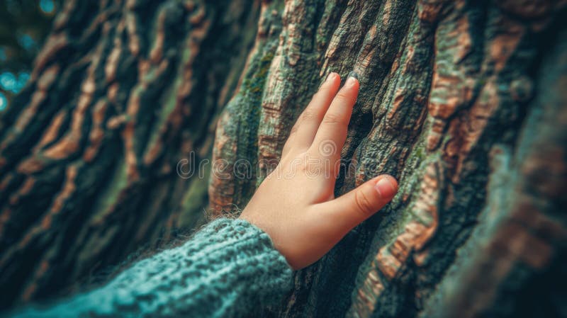 Child Hand Touching Textured Bark Tree Outdoors Nature Connection Close ...