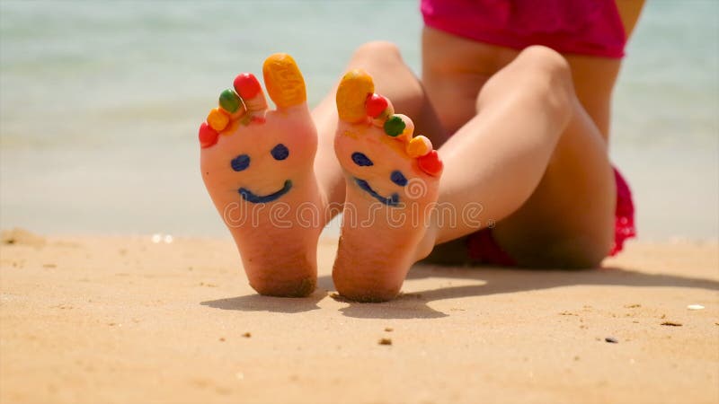 Paint Fun Feet Kids with Smiley Drawing Toes. Barefoot Child Playing ...
