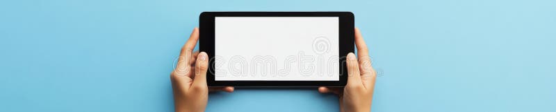 Child Hands Holding a Digital Tablet with Blank Screen on Blue Background Stock Illustration ...