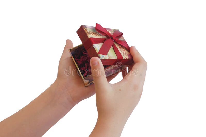 Child Hands Opening a Gift Box with Red Ribbon Stock Photo - Image of ...
