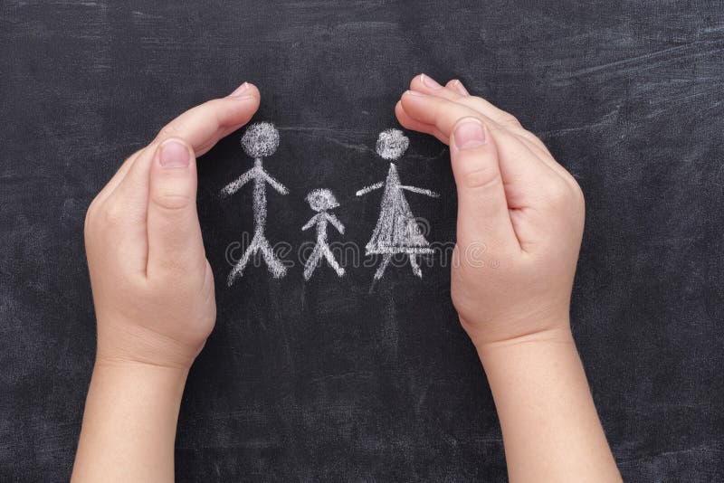 Child Hands Protecting Family Drawn on Chalkboard Stock Image - Image ...