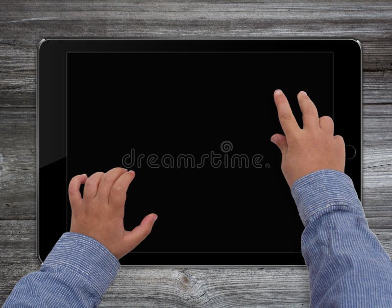 Child Hands on Tablet Computer, Blank Screen on Wooden Desk Stock Image ...