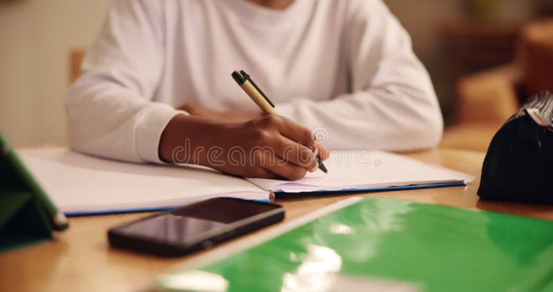 Child, Hands and Writing with Book for Homework, Learning or Education ...