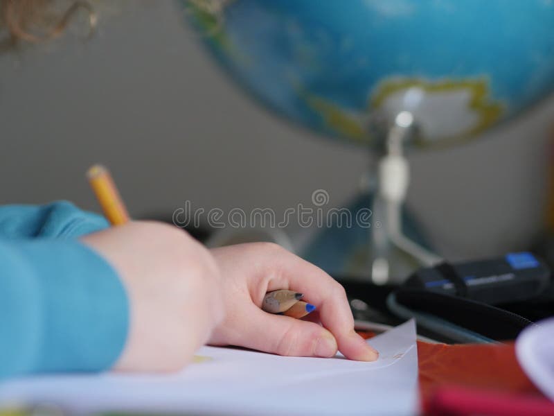 Child Hands Writing In Front Of Globe Stock Image - Image of student ...