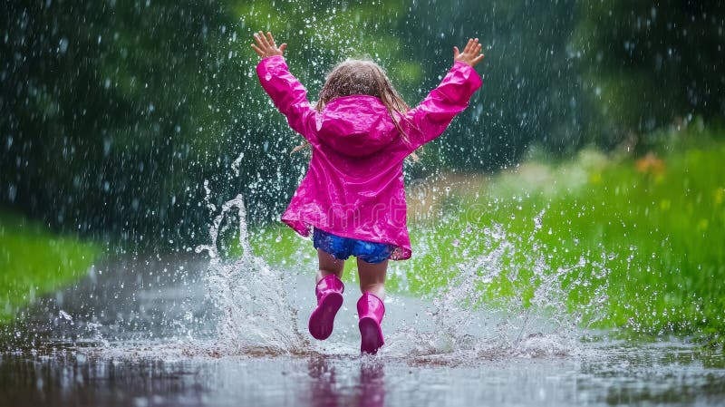 The Child is Happily Playing Outside, Running and Jumping in Puddles ...